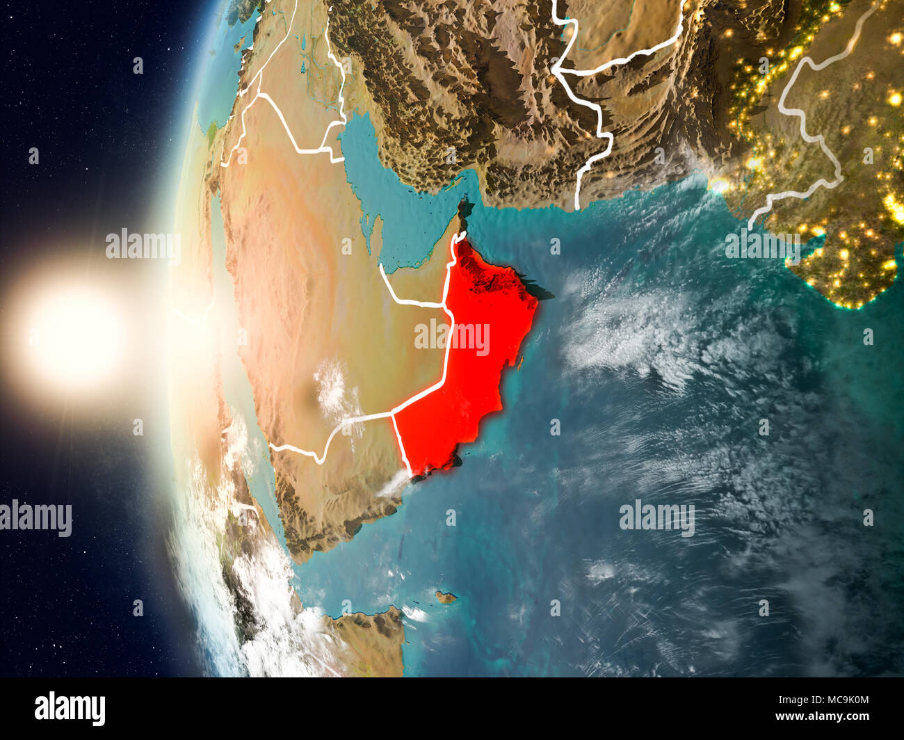 Satellite view of Oman highlighted in red on planet Earth with clouds ...