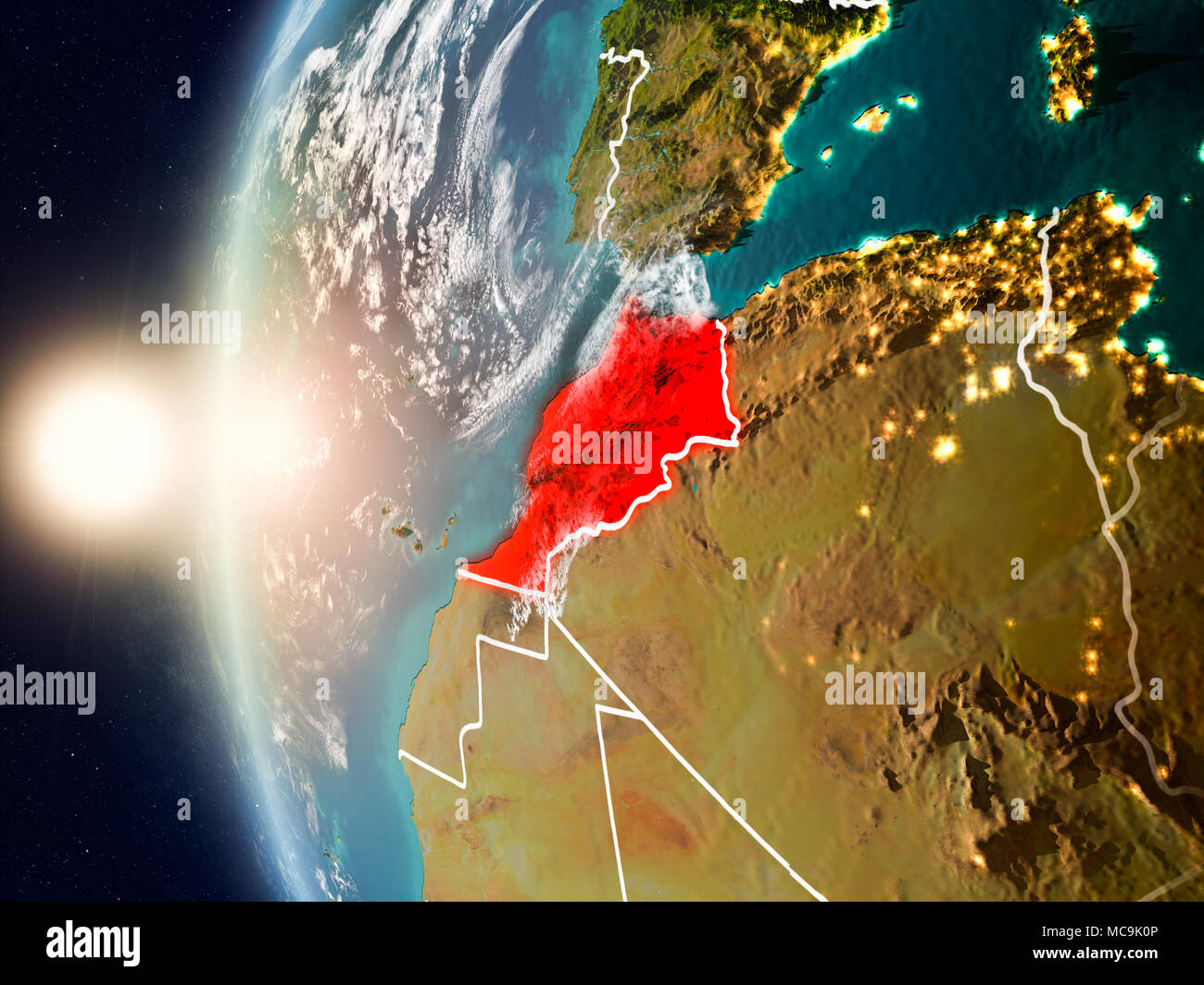 Satellite view of Morocco highlighted in red on planet Earth with ...