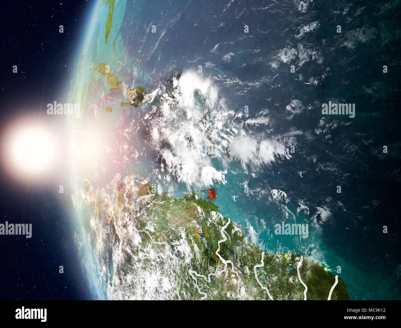 Satellite view of Caribbean highlighted in red on planet Earth with clouds and visible country ...