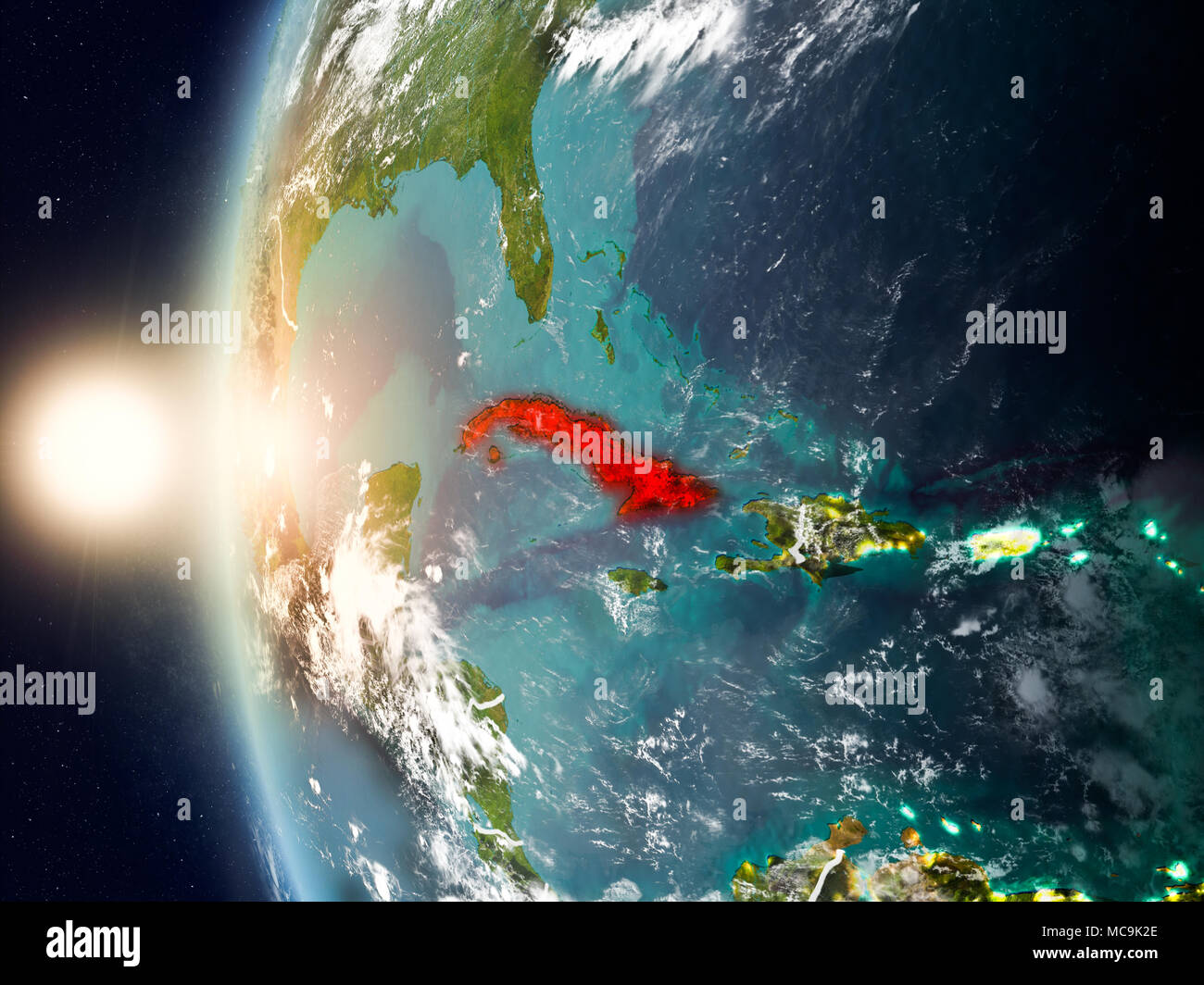 Satellite view of Cuba highlighted in red on planet Earth with clouds ...