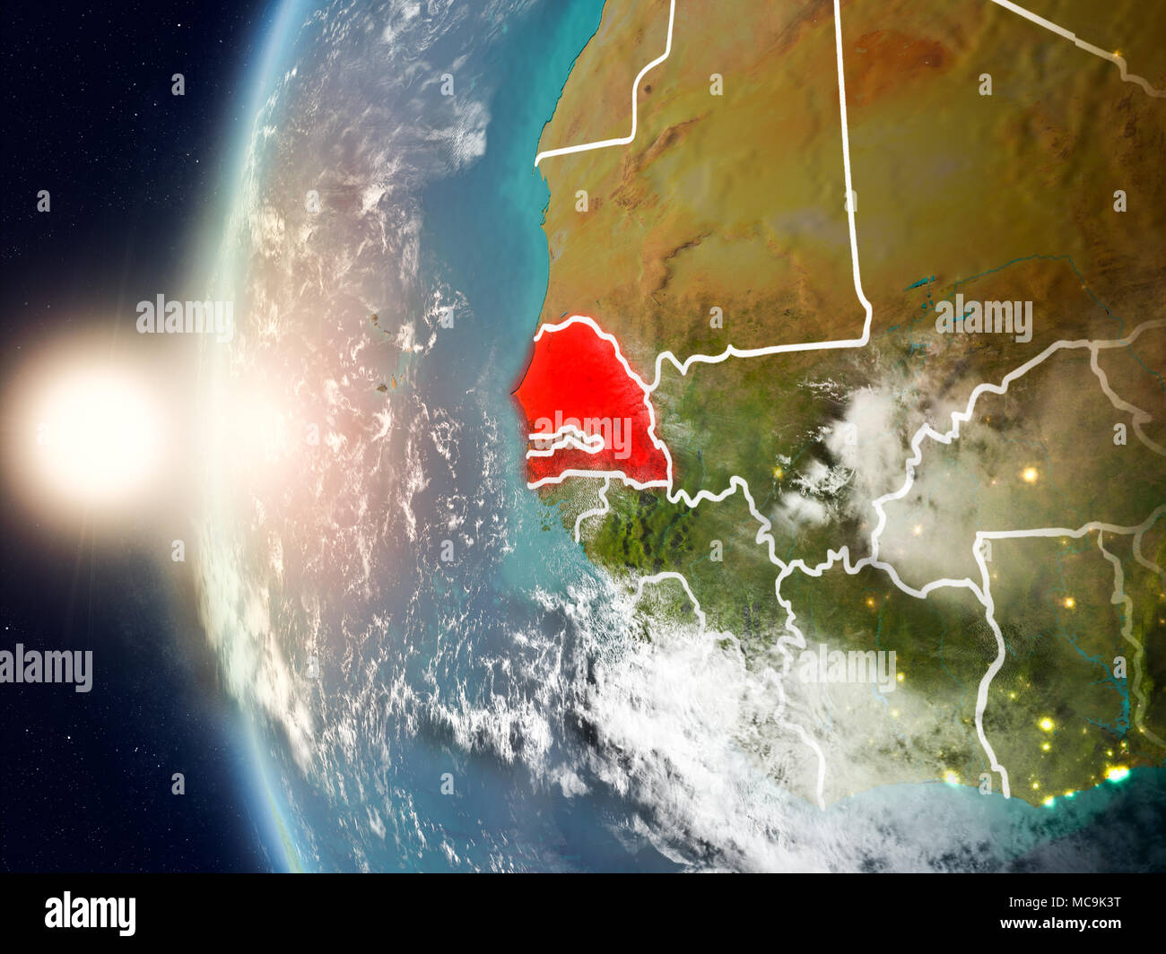 Satellite view of Senegal highlighted in red on planet Earth with ...