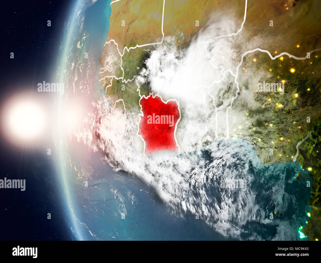 Satellite view of Ivory Coast highlighted in red on planet Earth with ...