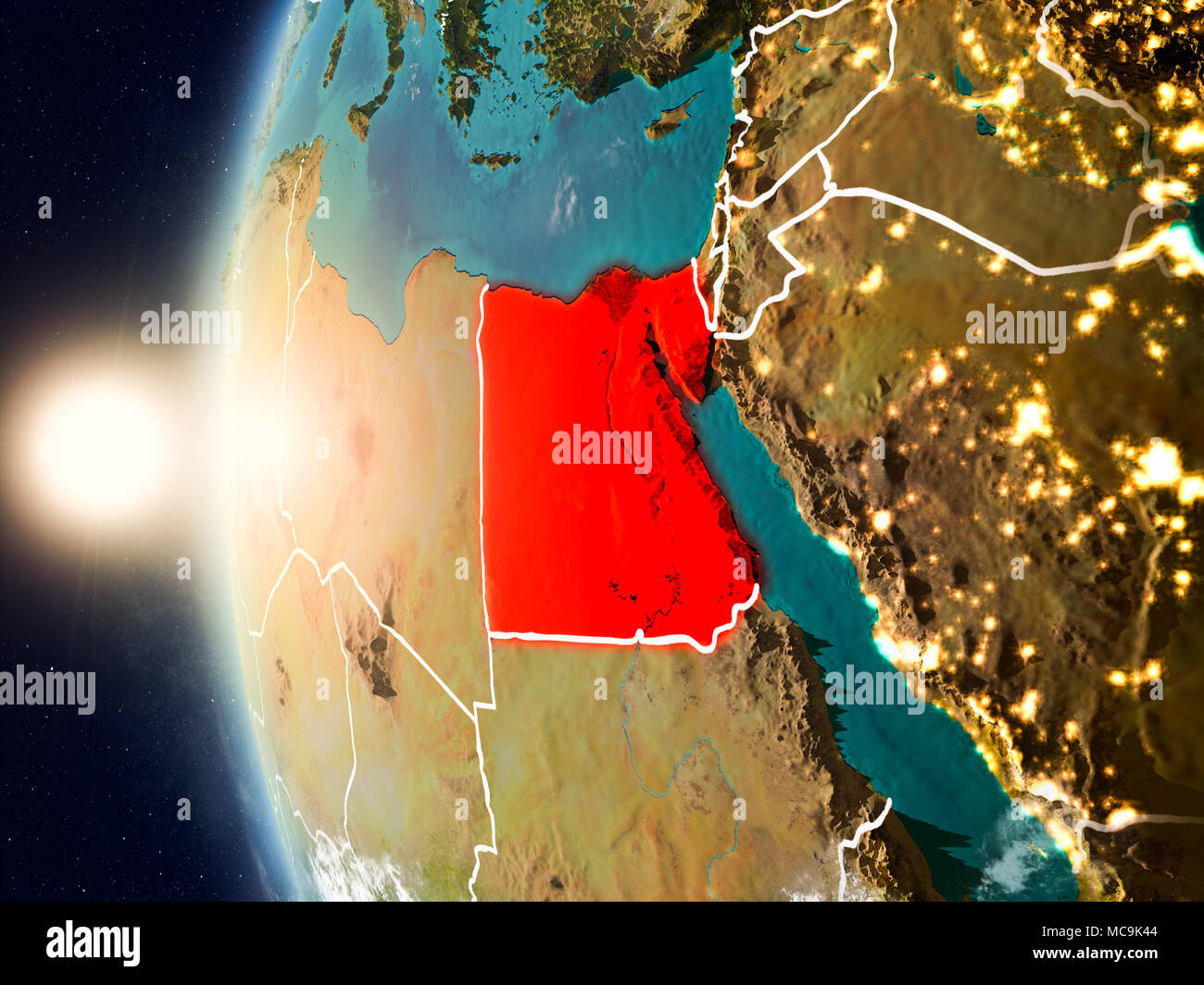 Satellite view of Egypt highlighted in red on planet Earth with clouds ...