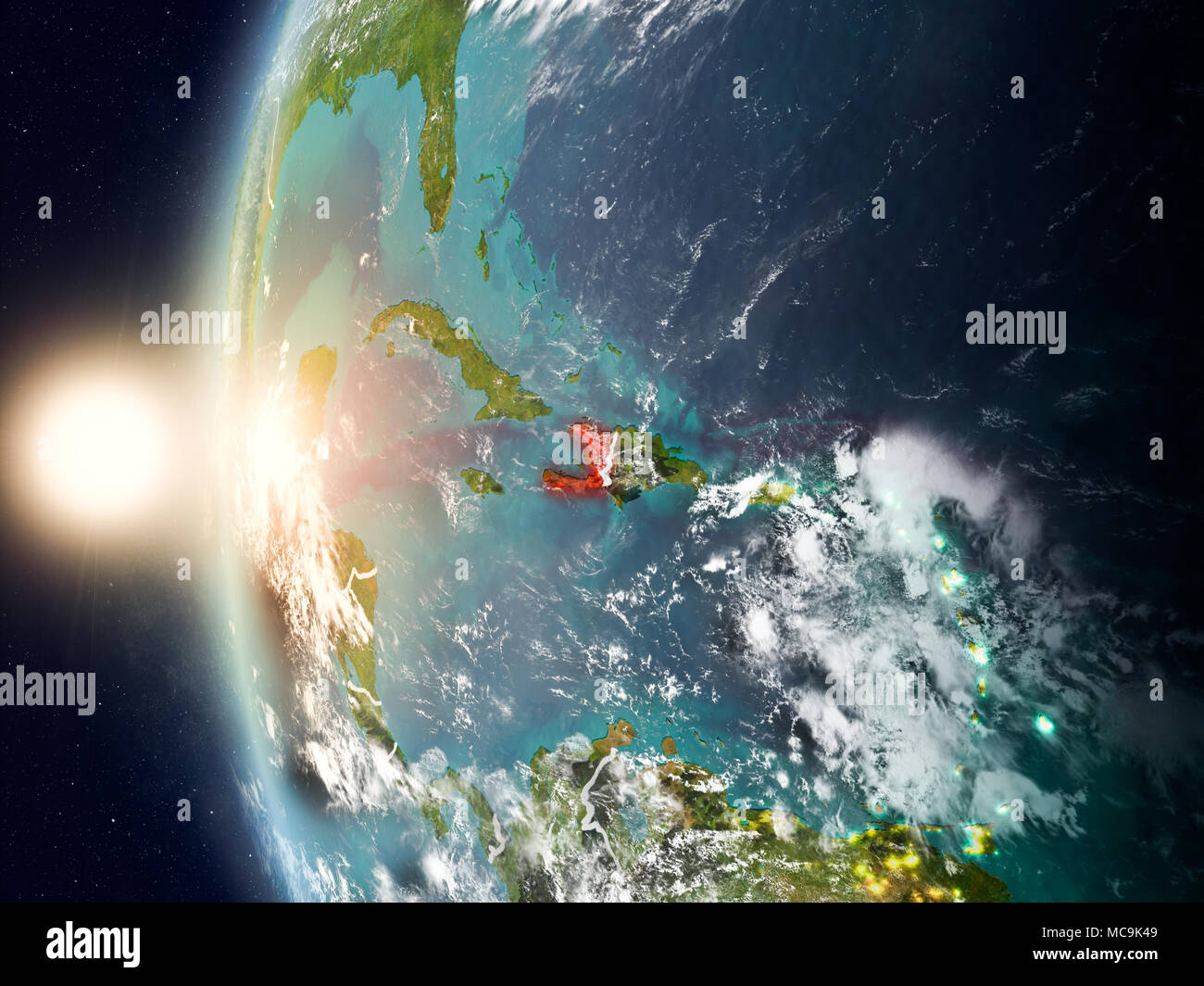 Satellite view of Haiti highlighted in red on planet Earth with clouds ...
