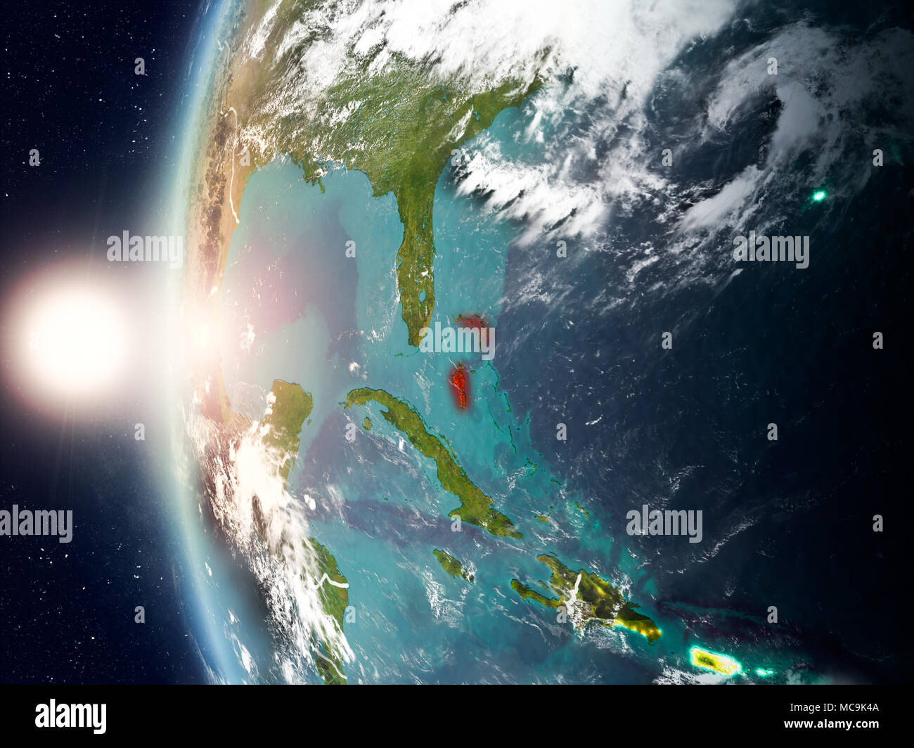Satellite view of Bahamas highlighted in red on planet Earth with ...