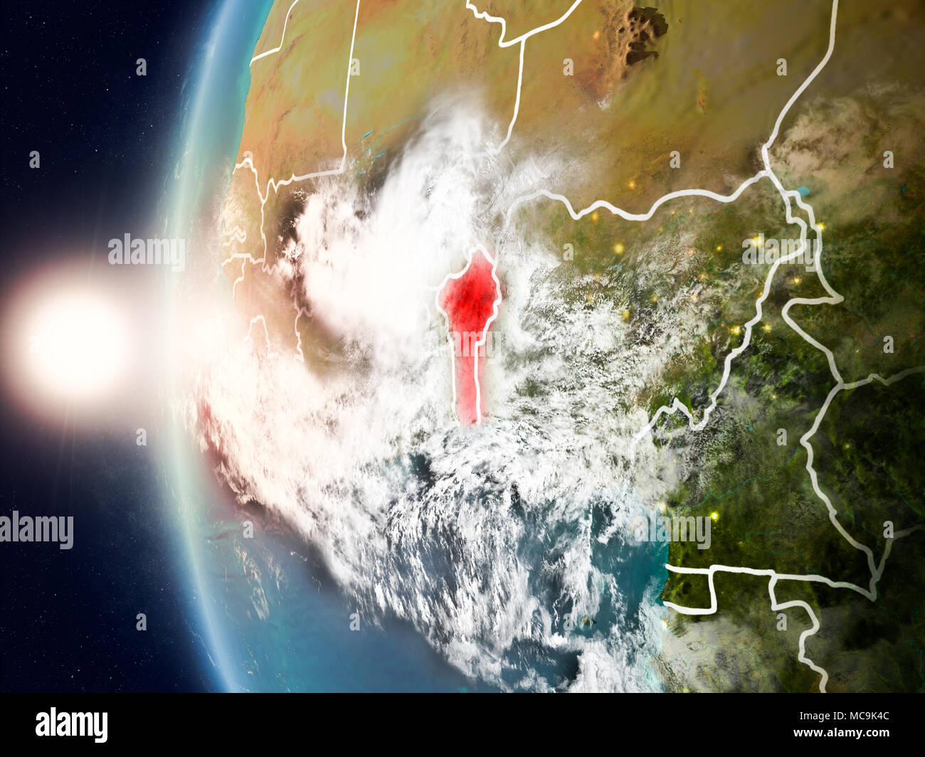 Satellite view of Benin highlighted in red on planet Earth with clouds ...