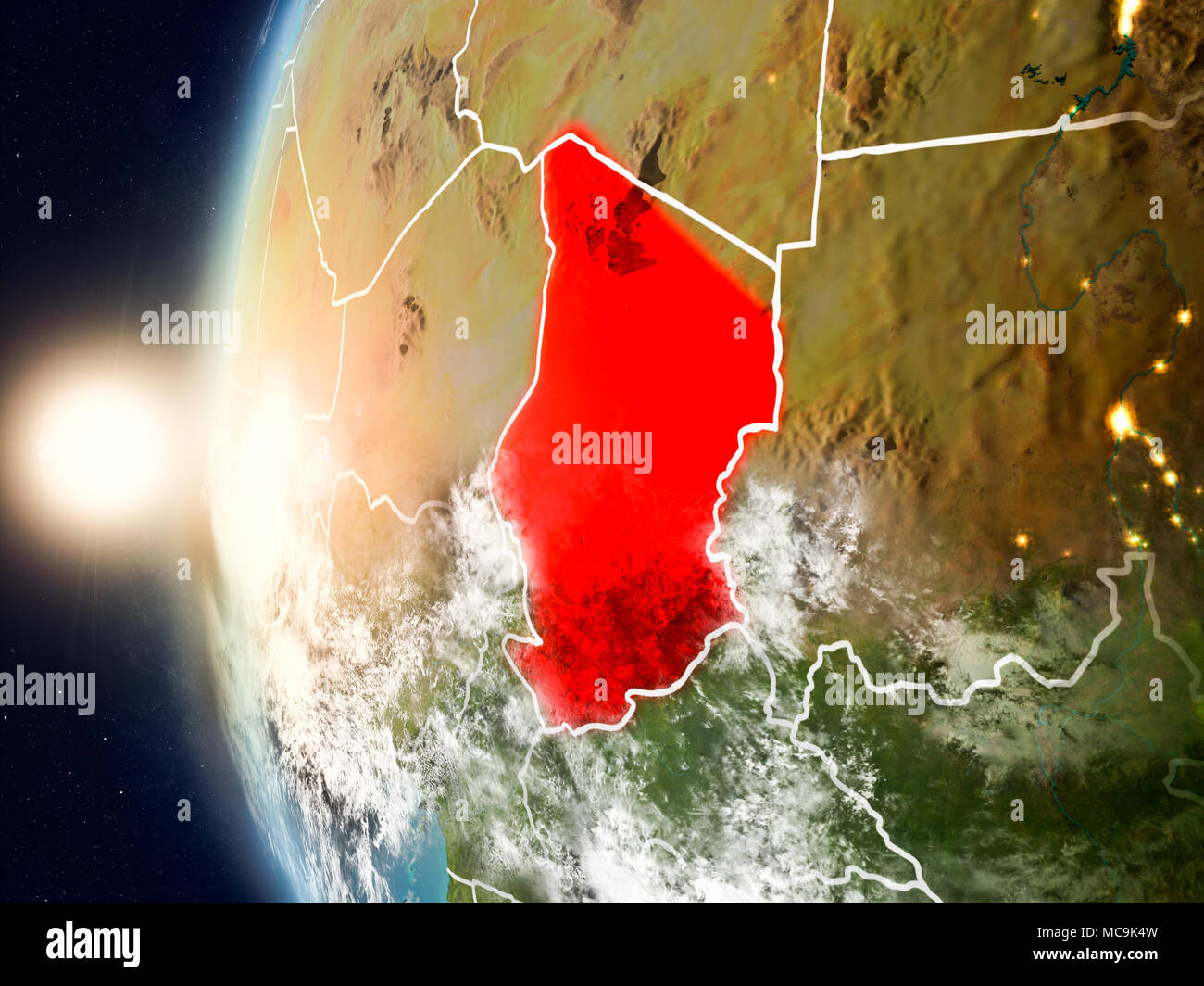 Satellite view of Chad highlighted in red on planet Earth with clouds ...