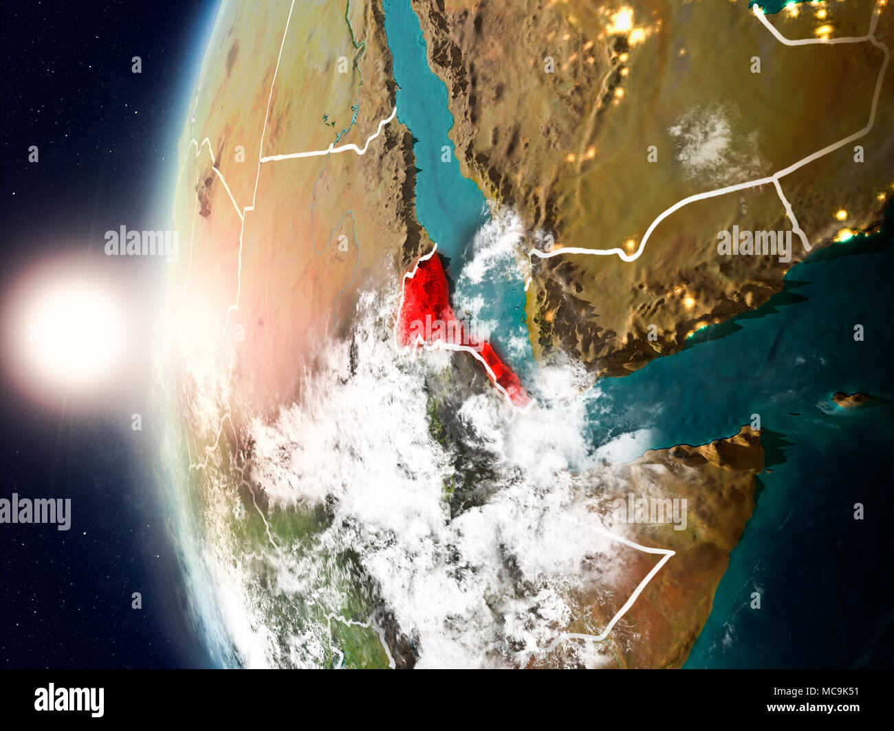 Satellite view of Eritrea highlighted in red on planet Earth with clouds and visible country ...