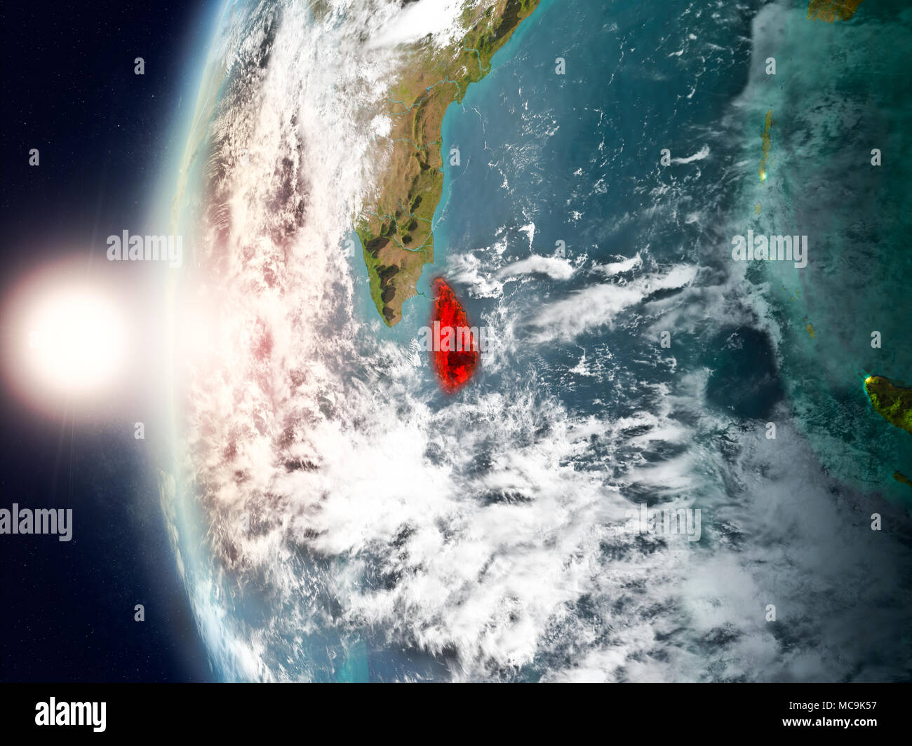 Satellite view of Sri Lanka highlighted in red on planet Earth with ...