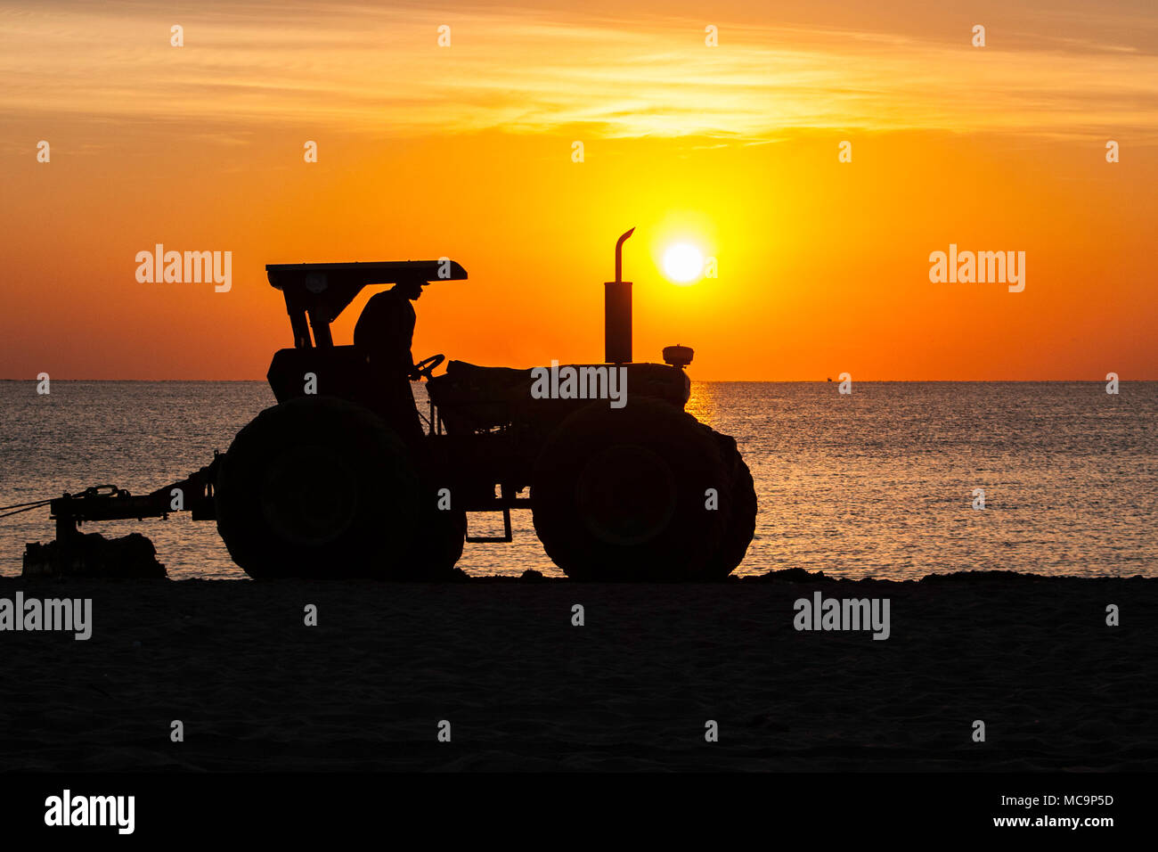 A tractor is silhouetted against the early morning sunrise as it clears ...