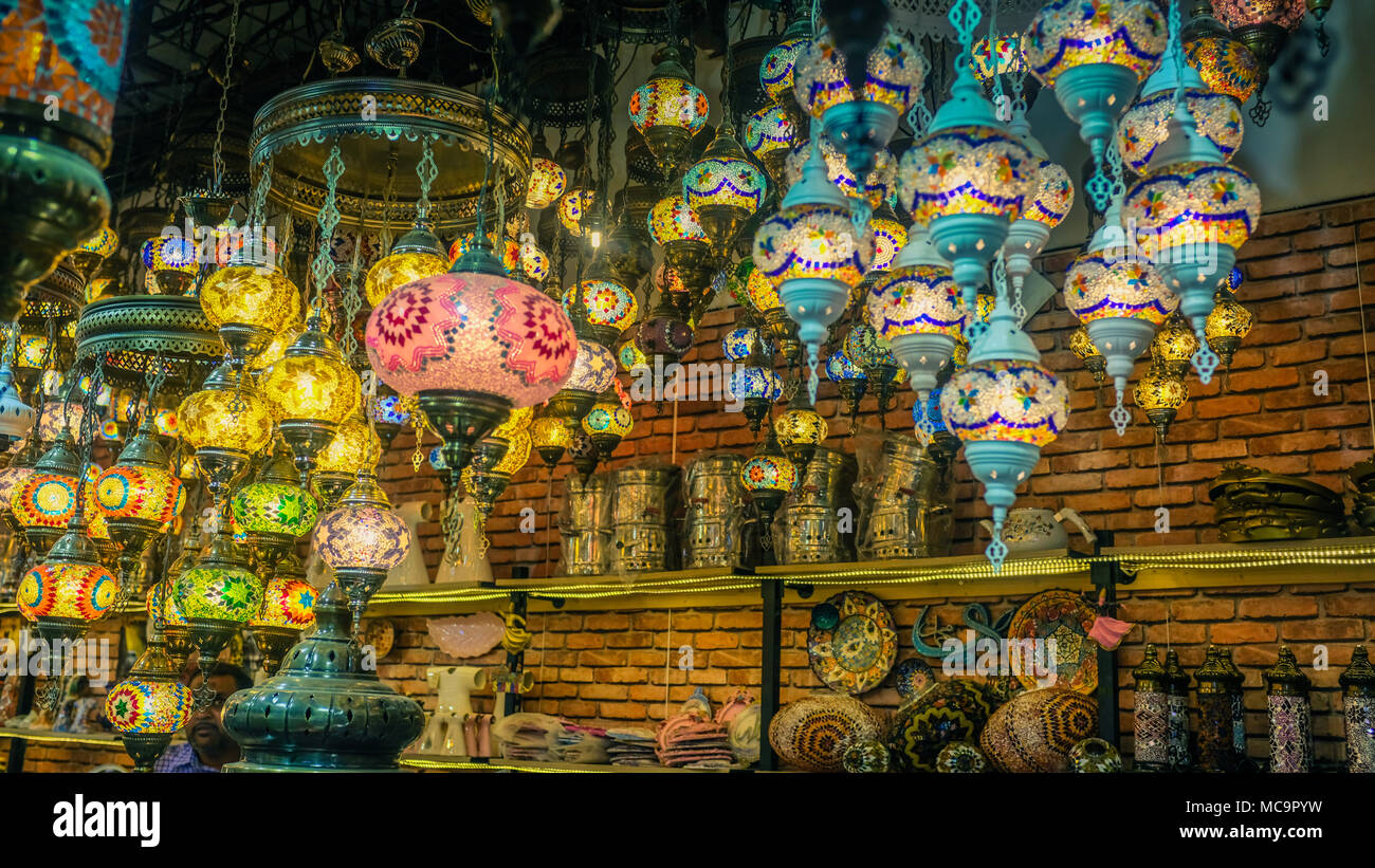 Colorful Turkish light lamps- blue and yellow Stock Photo - Alamy