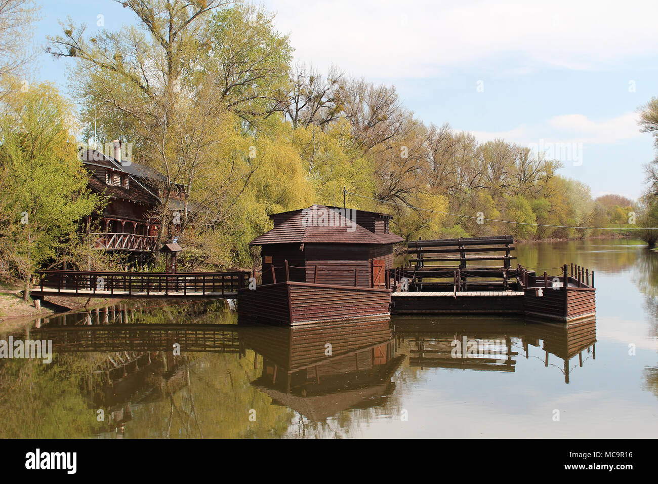Floating Boat Mill at a river, now technical museum, Slovakia Stock ...