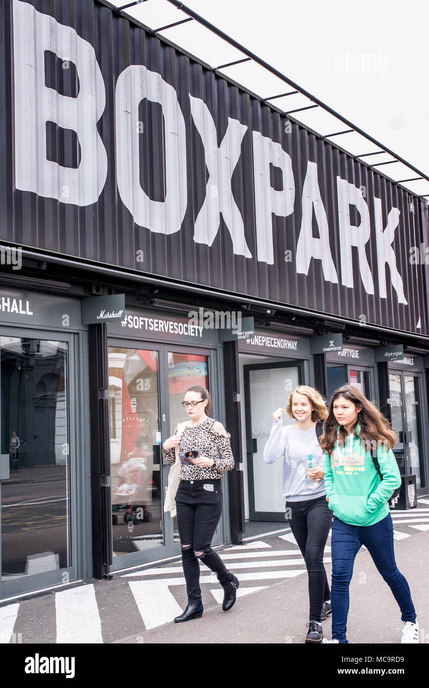 London, England - September 2016: People walking at the BOXPARK, a cool ...
