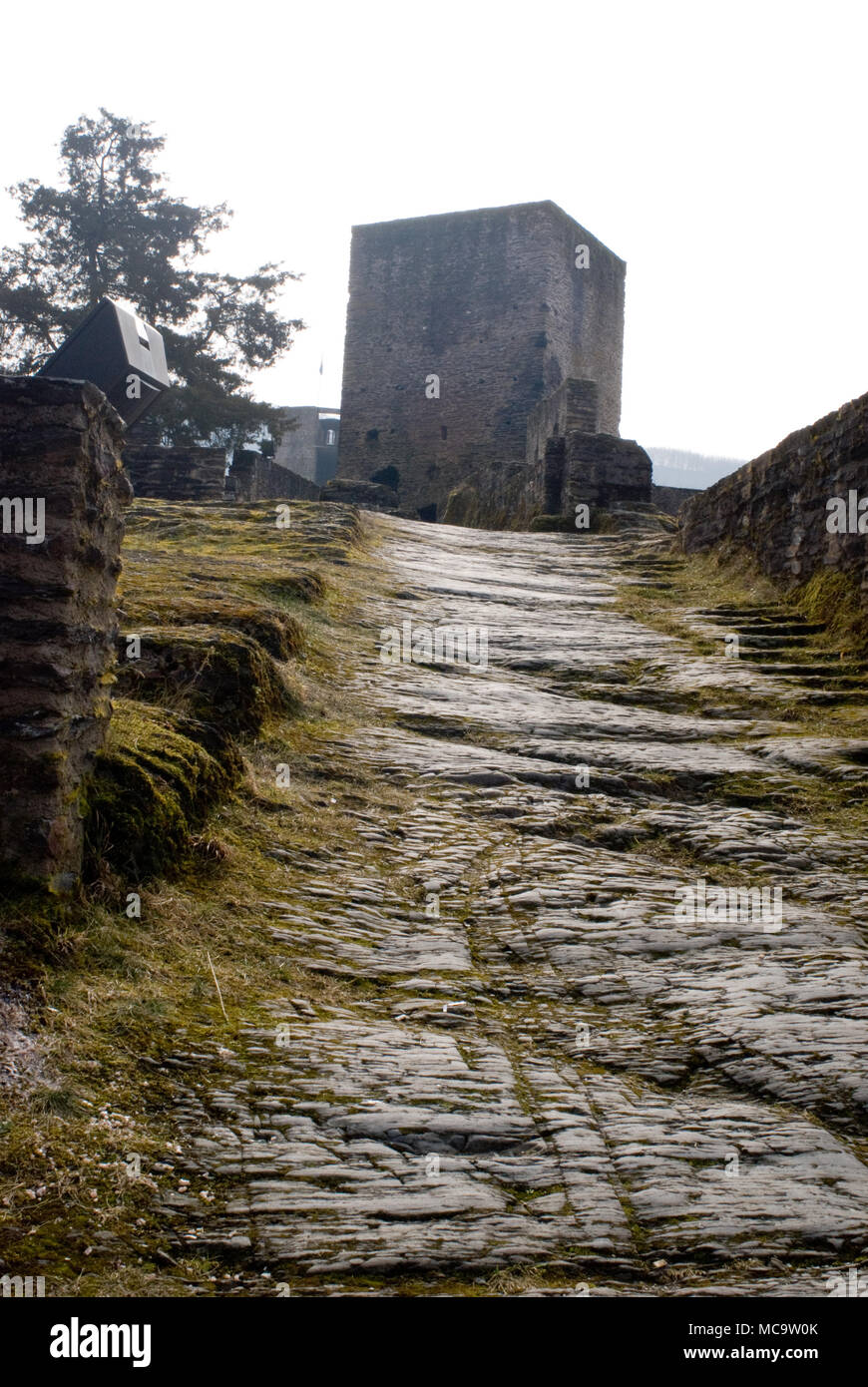 A stone path leading up a hill to castle ruins Stock Photo - Alamy