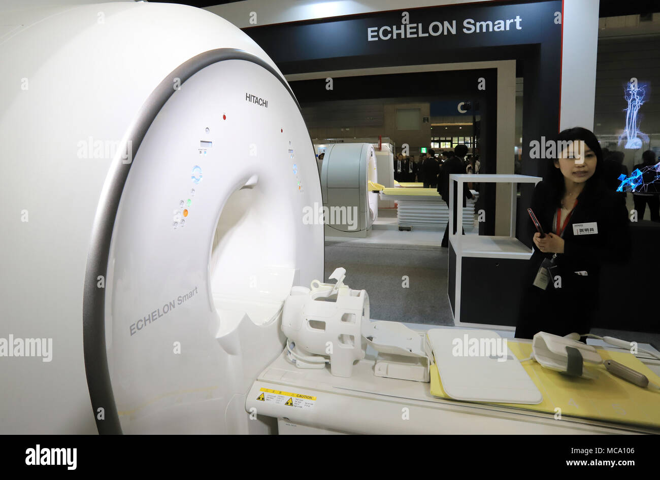 Yokohama, Japan. 13th Apr, 2018. Japan's Hitachi displays the company's ...