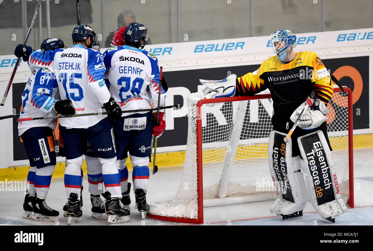 14 April 2018, Germany, Weisswasser: Ice hockey: International match ...