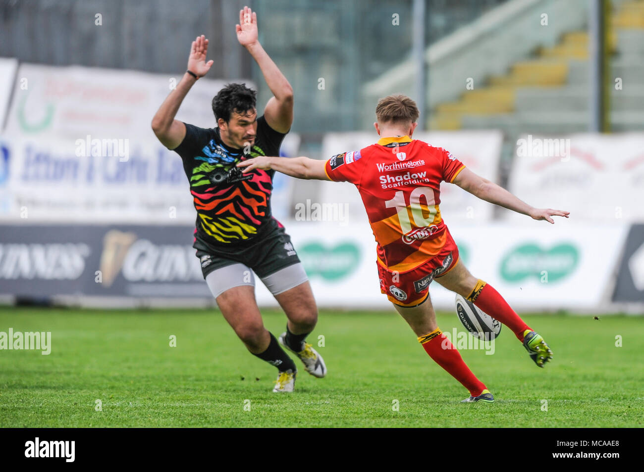 L'Aquila, Italy. 14th April, 2018. Dragons' fly half Arwel Robson with ...