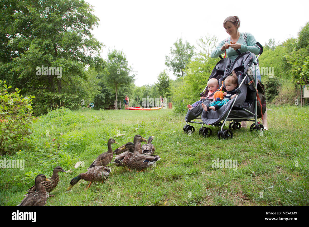 Young mum pushing a double buggy on holiday with twins Stock Photo - Alamy