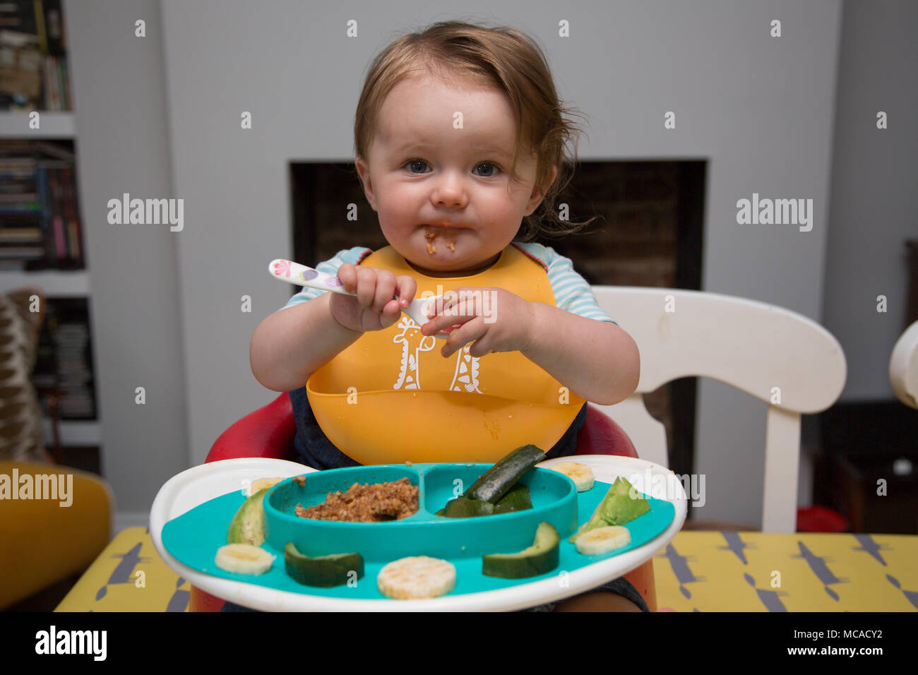 Baby being weaned in a highchair Stock Photo - Alamy