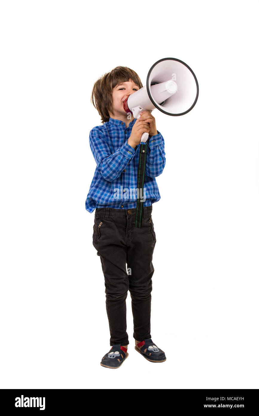 Little boy making an announcement by megaphone isolated on white ...
