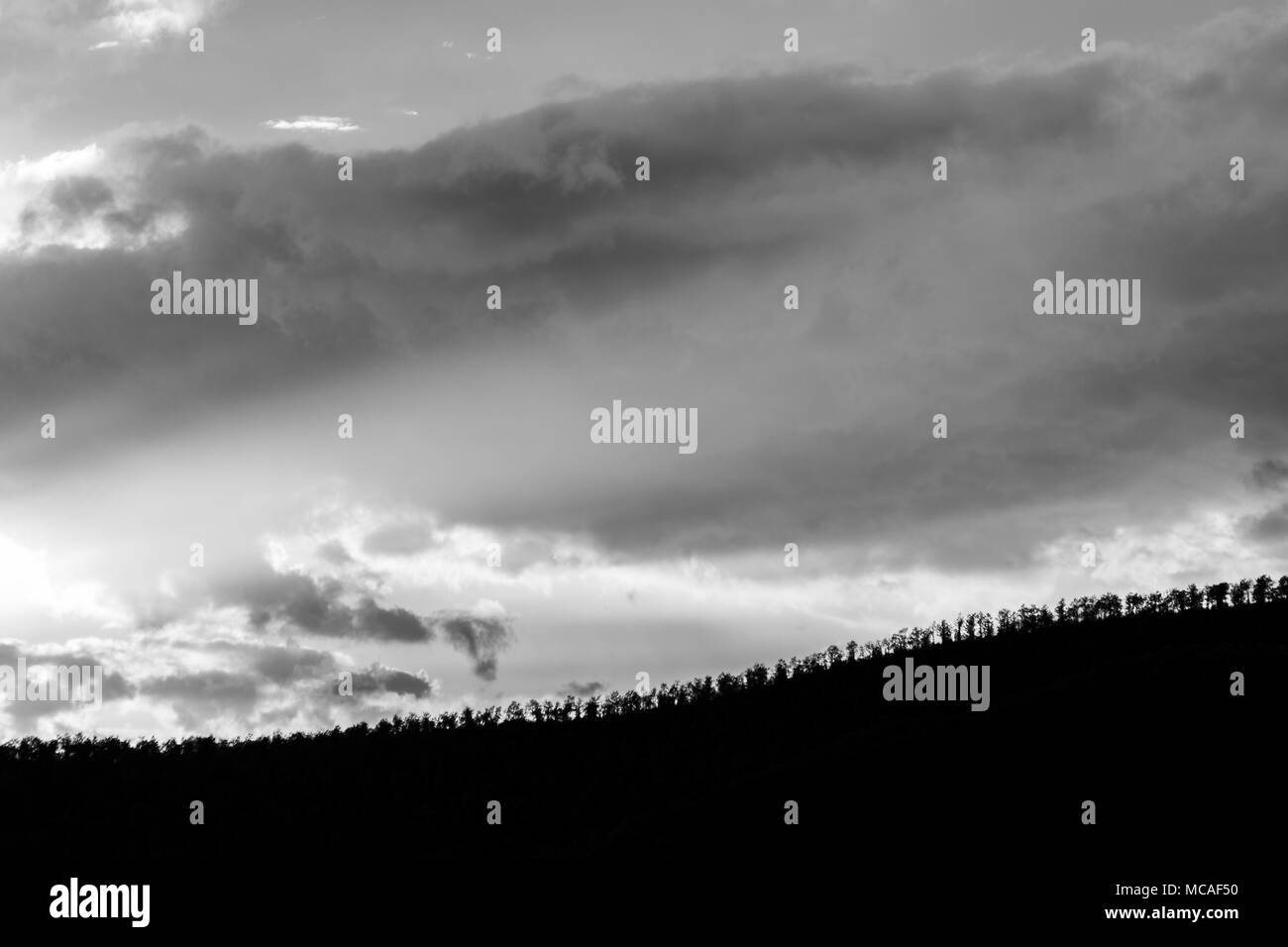Sunset over a trees line on a hill, with sun rays coming out through ...