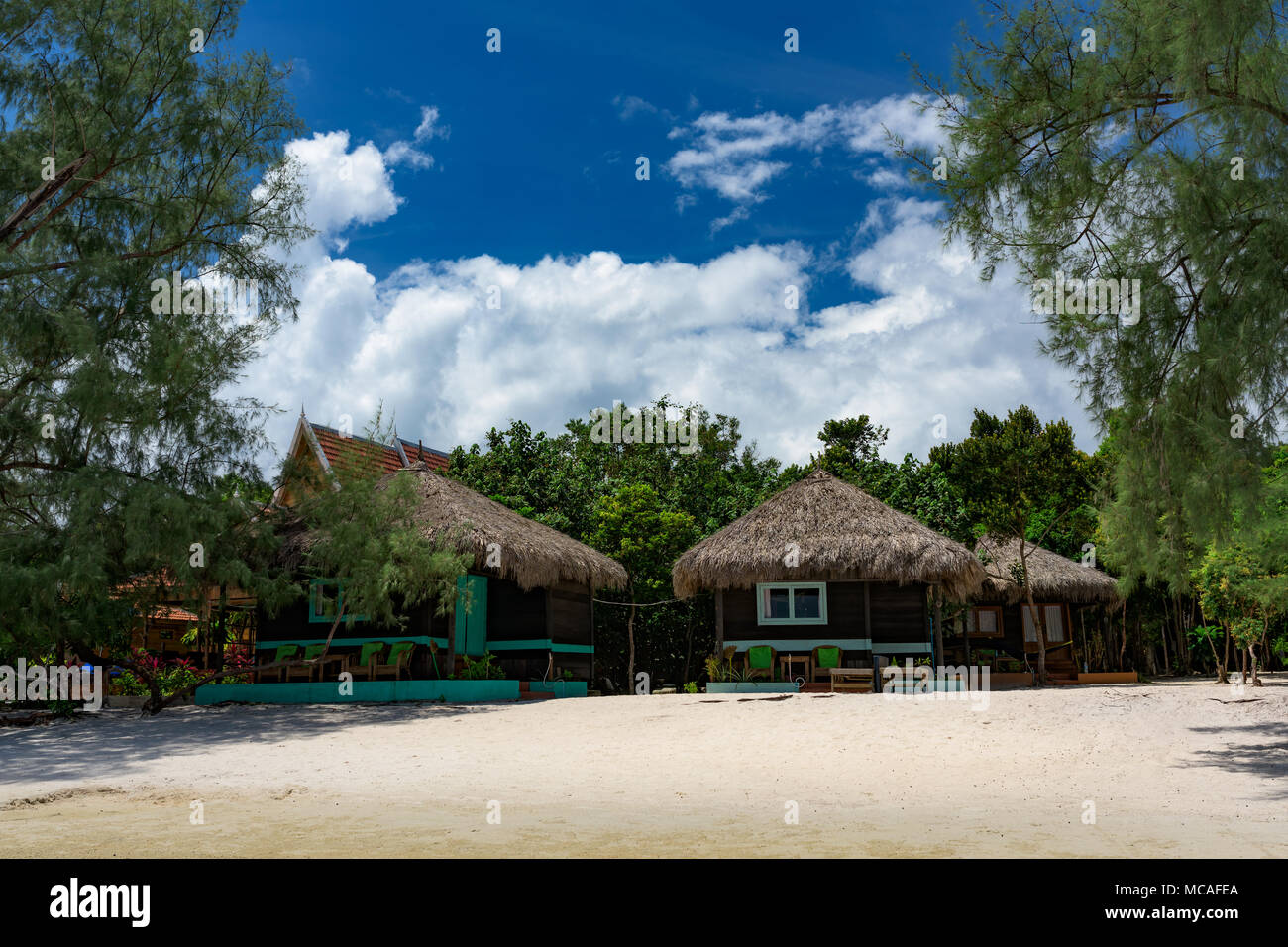 Beautiful tropical beach of Koh Rong Samloem island with stylish wooden ...