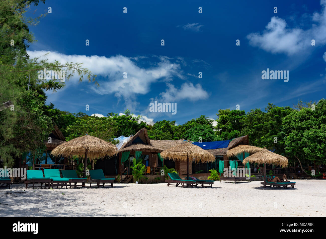 Beautiful tropical beach of Koh Rong Samloem island with stylish wooden ...