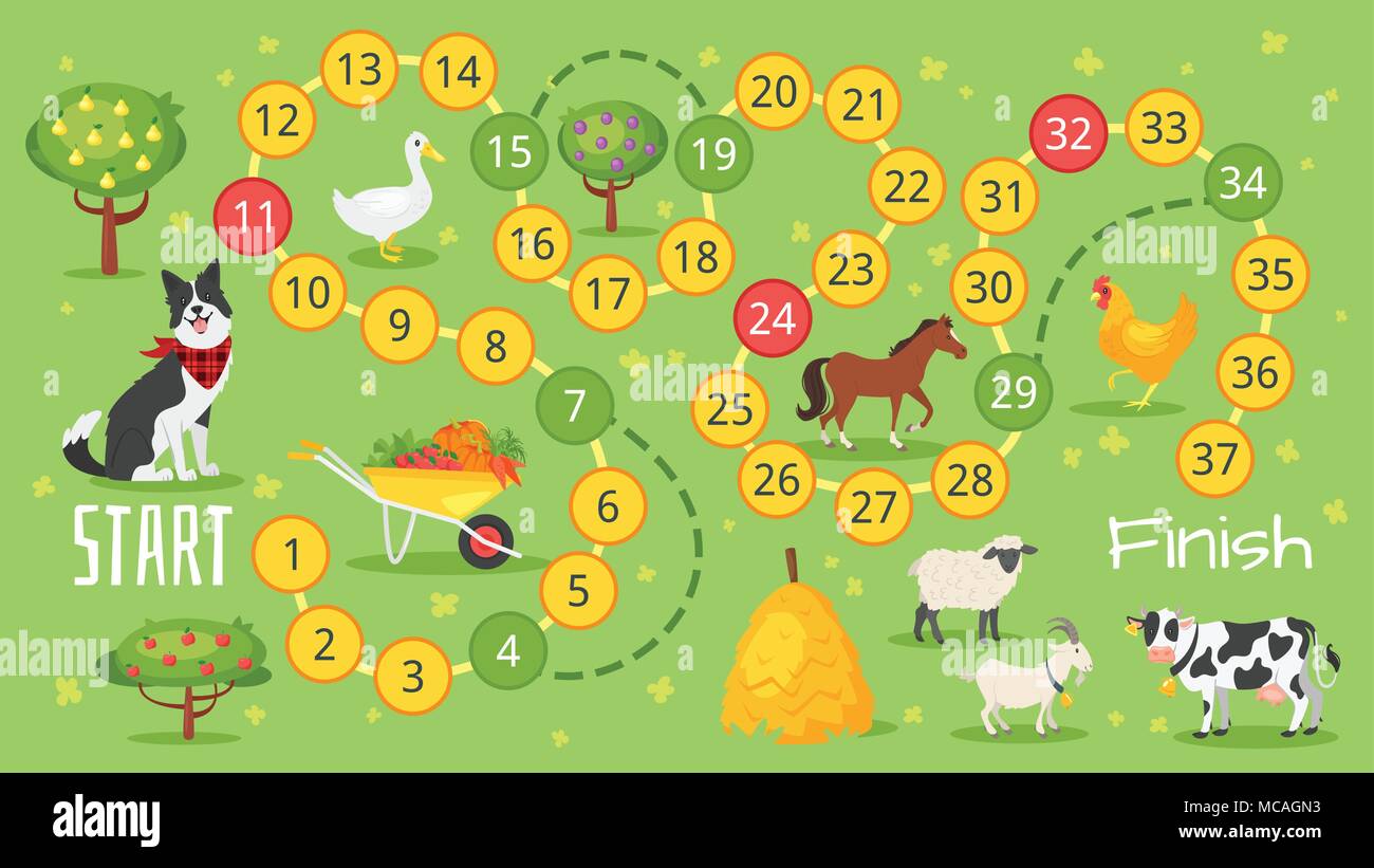 Vector flat style illustration of kids farm board game template. For ...