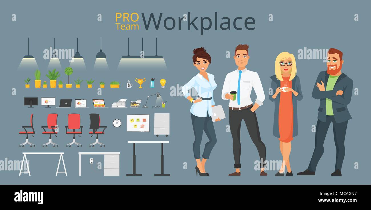 Vector cartoon style set of business workplace elements and characters ...