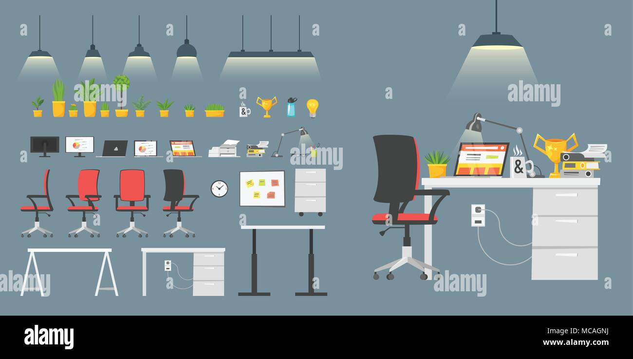 Vector cartoon style set of business workplace elements. Items to build ...