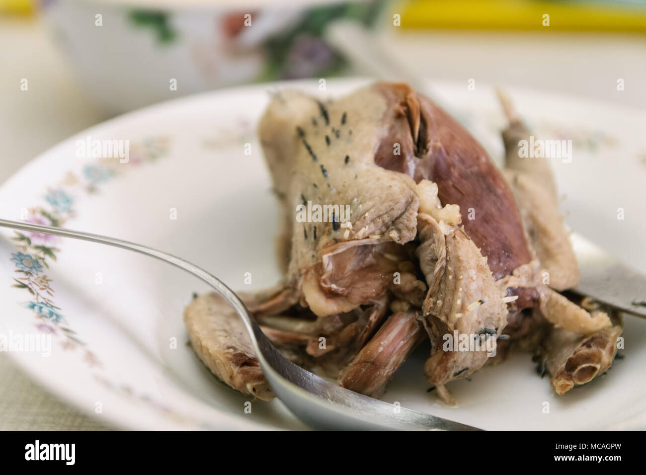 Roast pigeon on a plate ready for dinning. Close-up shot Stock Photo ...
