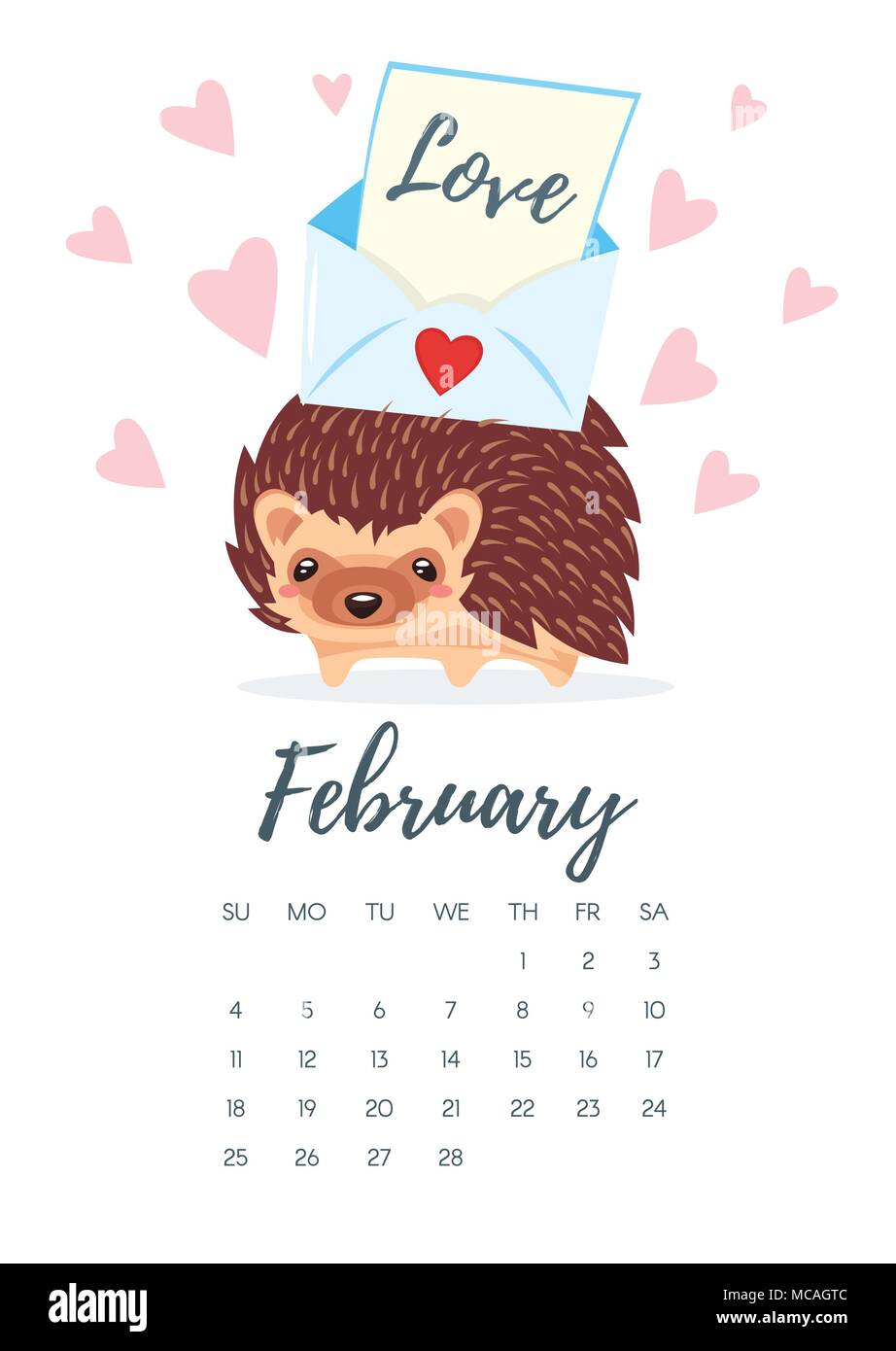 Vector cartoon style illustration of February 2018 year calendar page ...