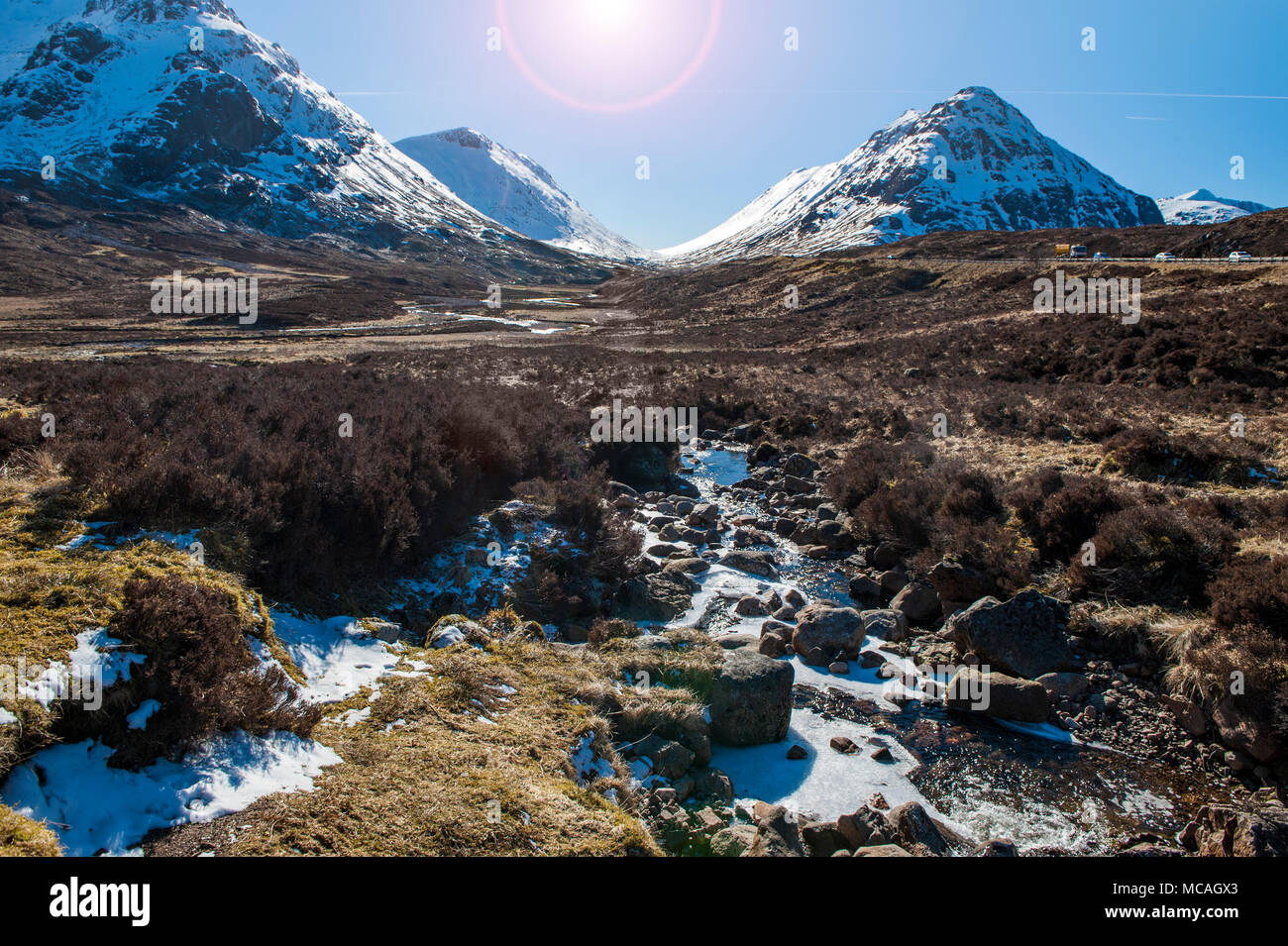 Breathtaking views of the Scottish Highlands - a bright sunshine shines ...