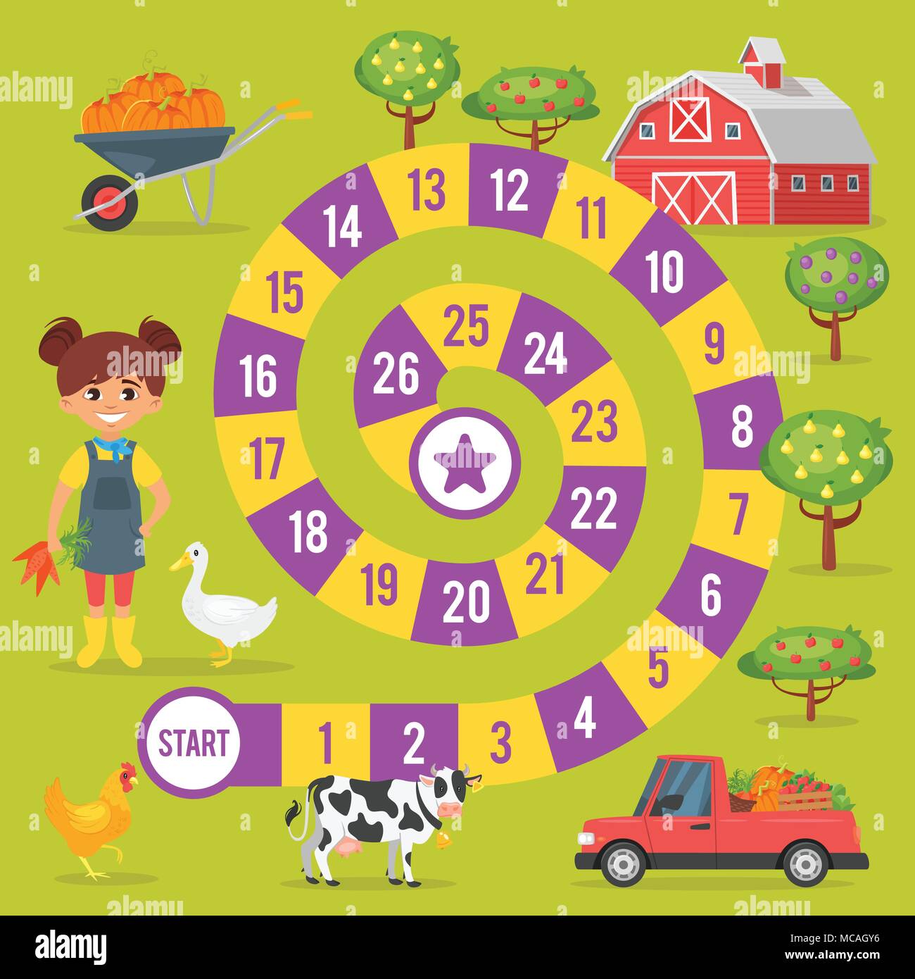 Vector flat style illustration of kids farm board game template. For ...
