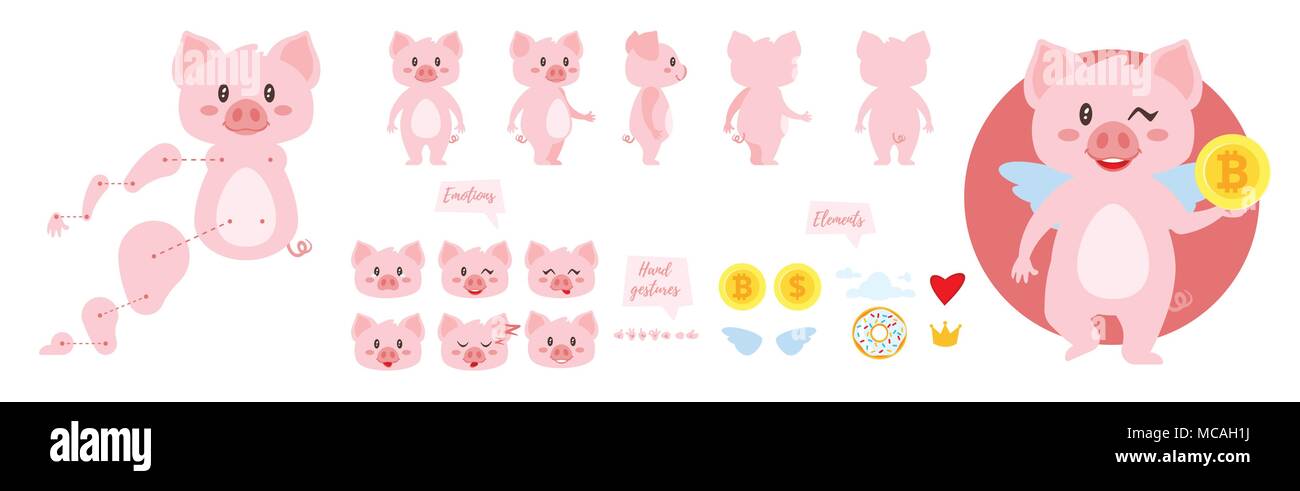 Vector cartoon style pig character for animation. Different emotions ...
