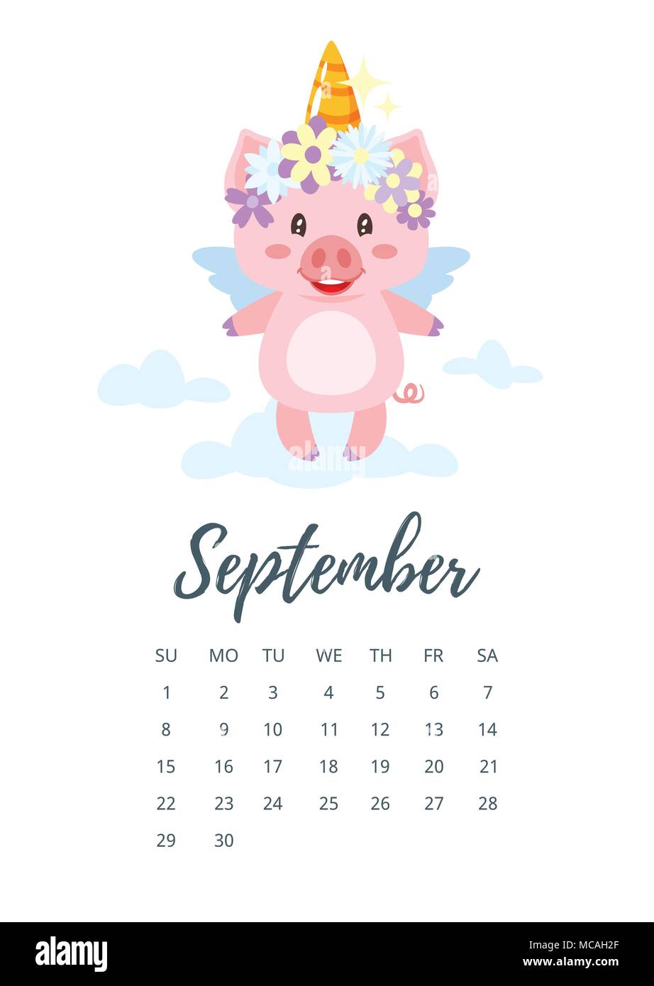 Vector cartoon style illustration of September 2019 year calendar page ...