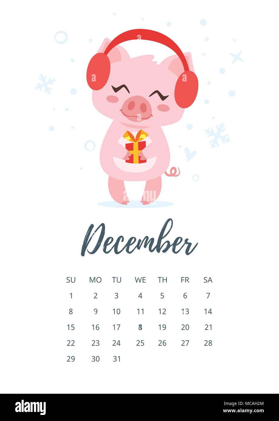 Vector cartoon style illustration of December 2019 year calendar page ...