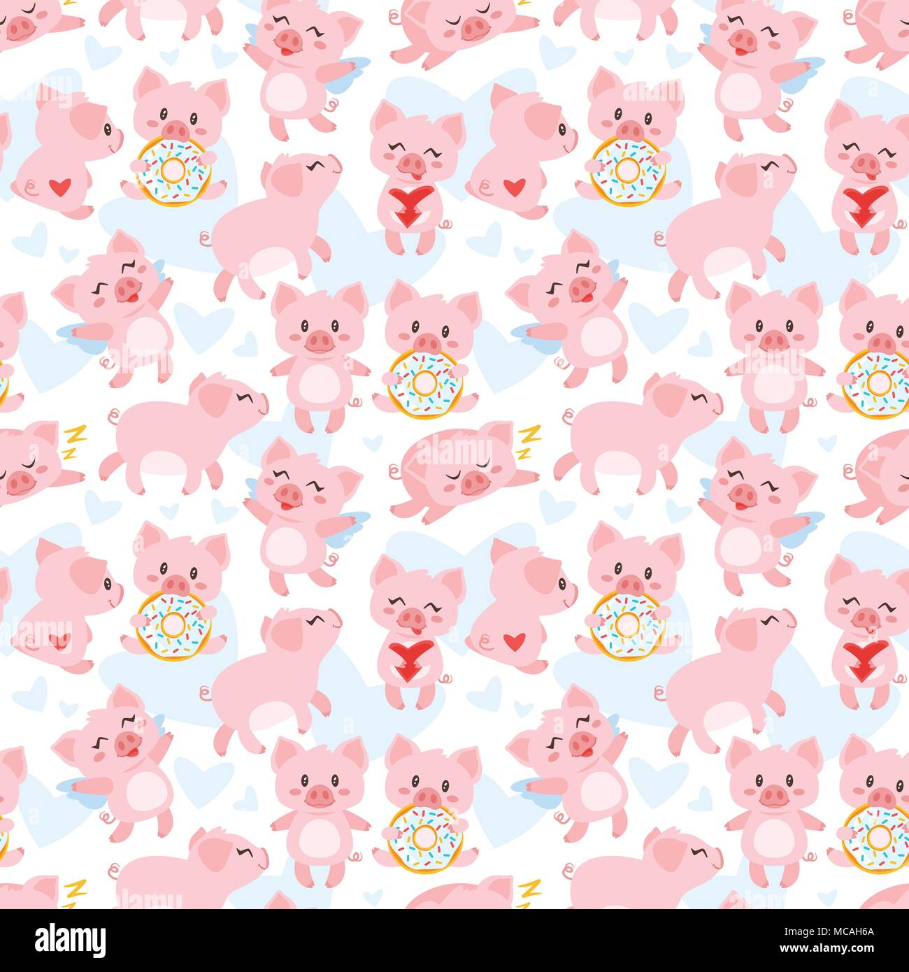 Vector cartoon style seamless pattern with cute pigs in different poses ...