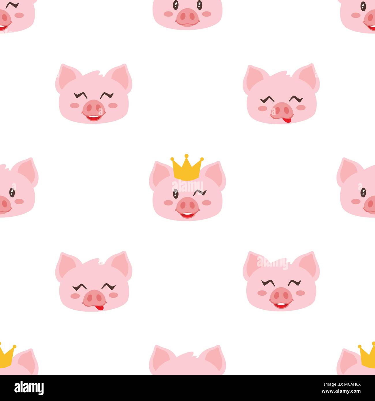 Vector cartoon style seamless pattern with cute pigs faces smiling ...