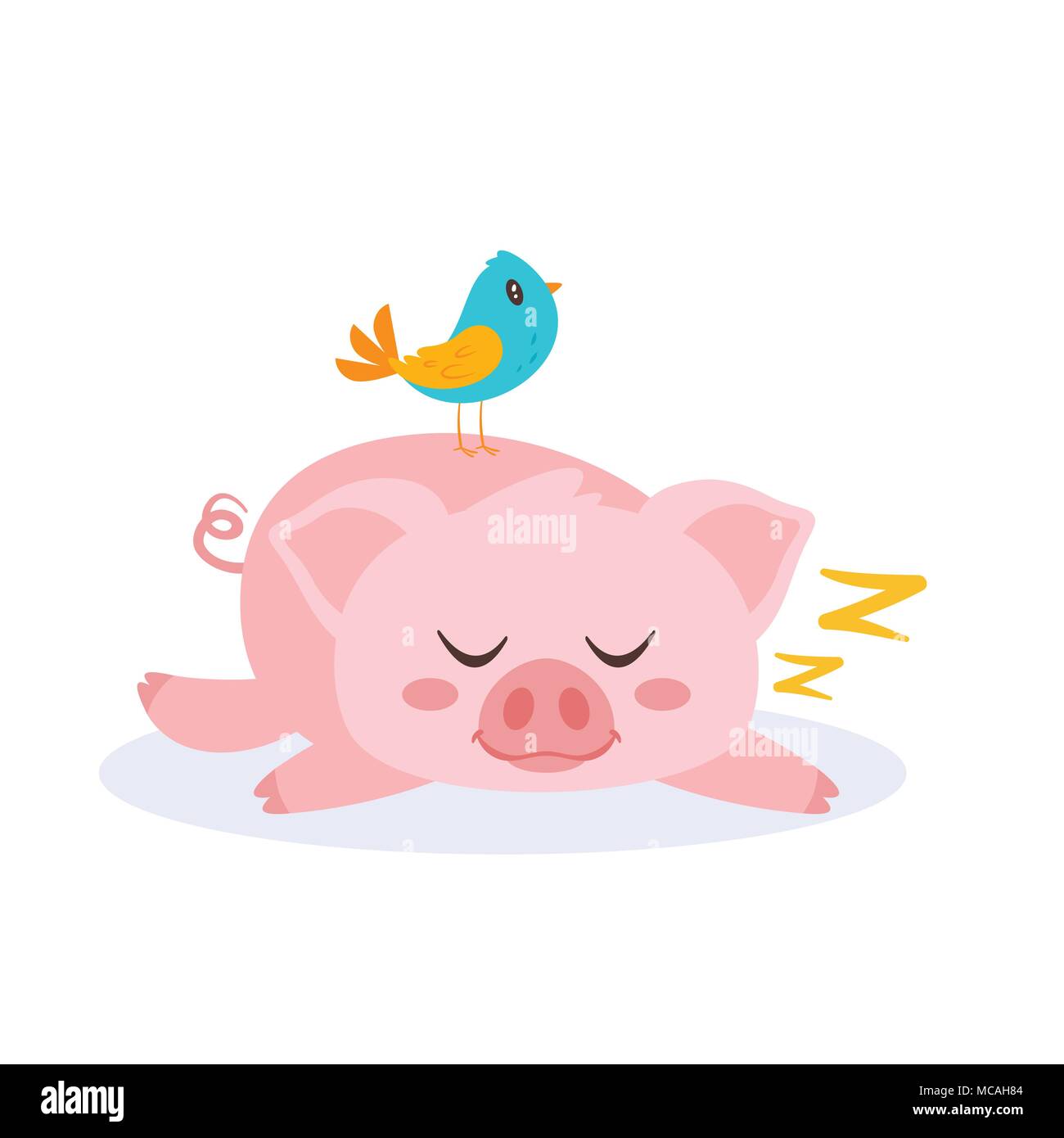 Vector cartoon style illustration of cute sleeping pink pig and a bird ...