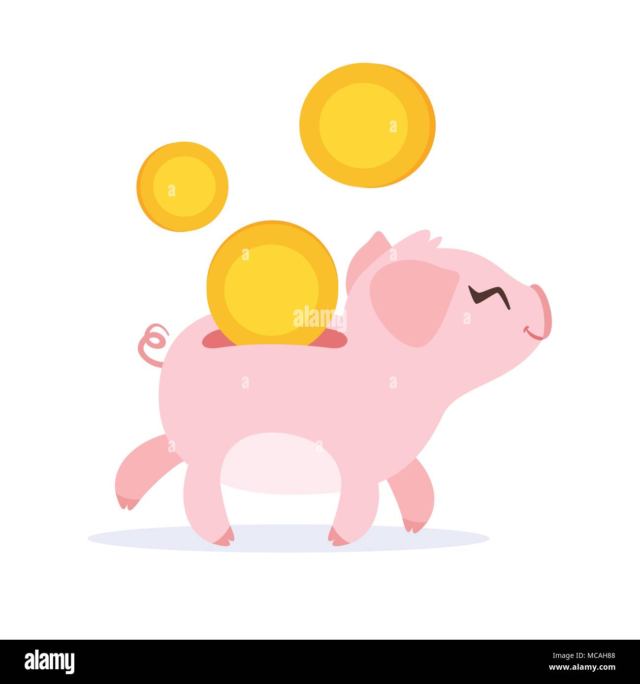 Vector cartoon style illustration of cute pink piggy bank and golden ...