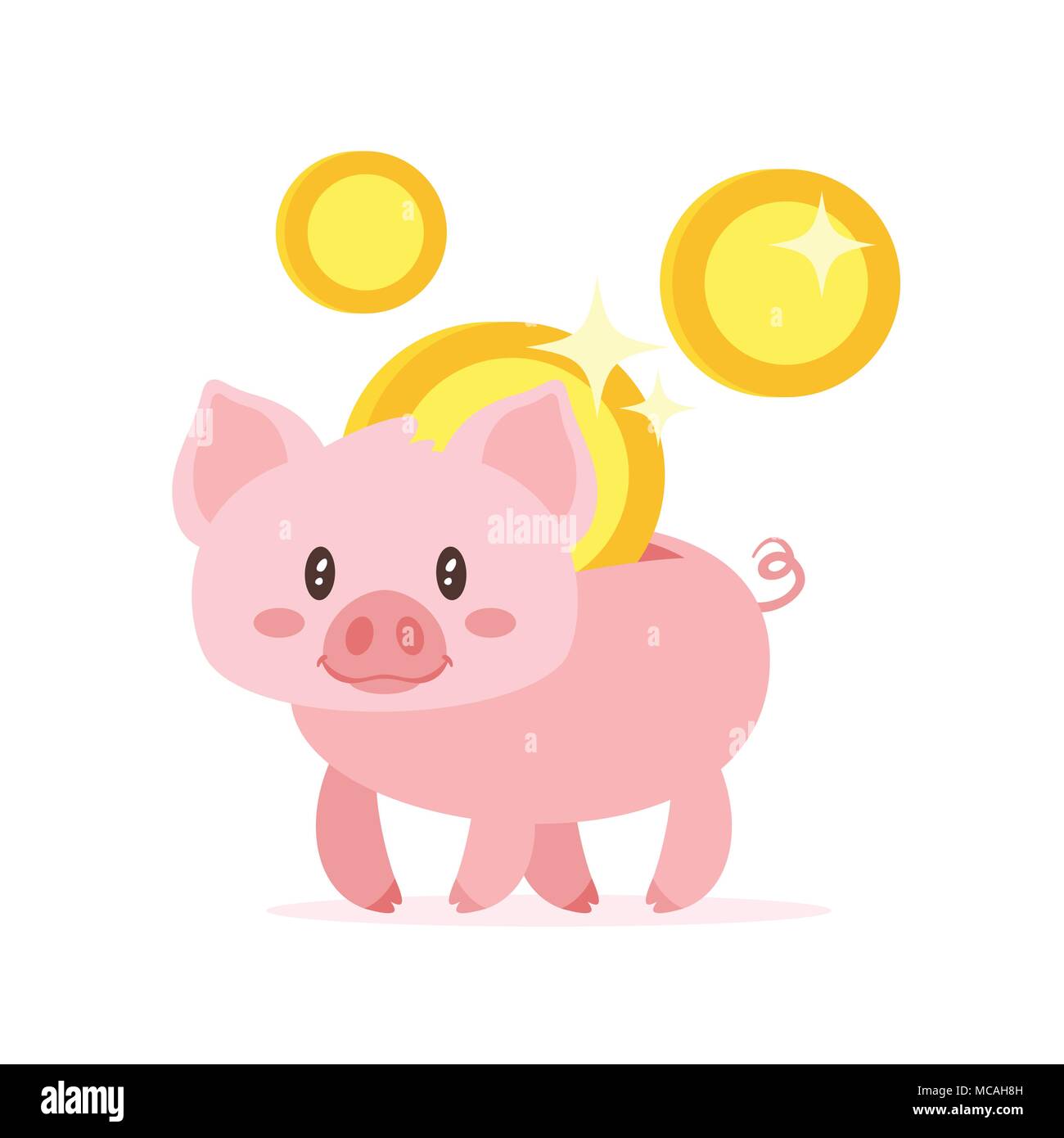 Vector cartoon style illustration of cute pink piggy bank and golden ...