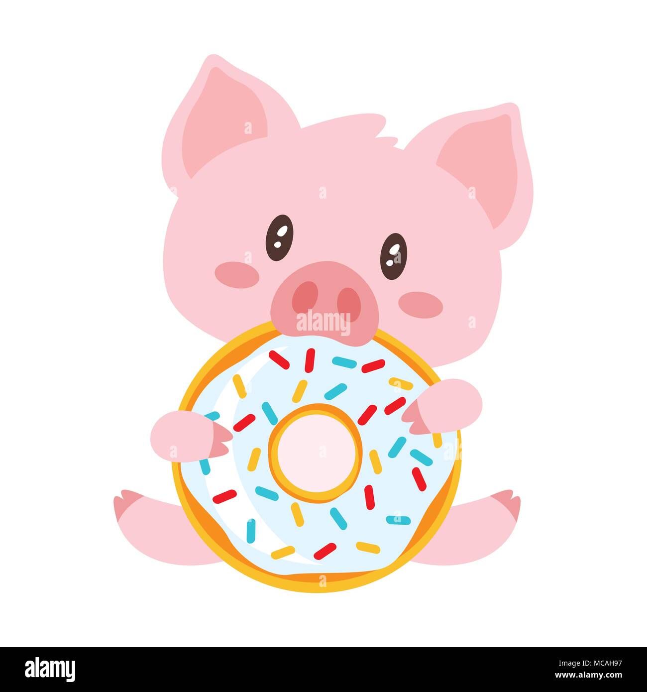 Vector cartoon style illustration of cute pink pig sitting and eating ...