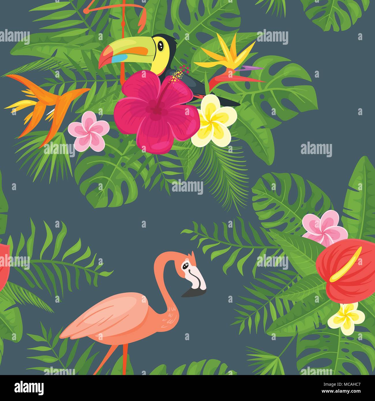 Vector cartoon style summer seamless pattern with tropical leaves ...