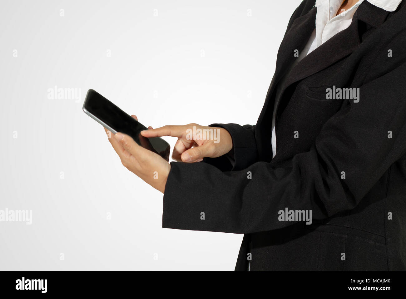 Businessmen and women are using mobile and touch smart phone isolated ...