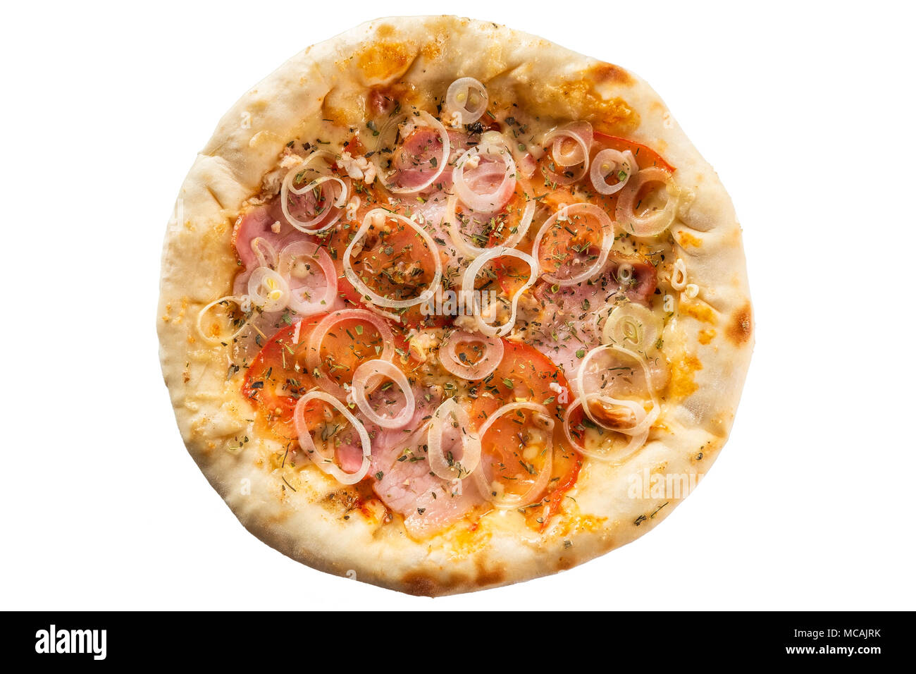 Small size pizza with cheese side, ham, tomato and onion Stock Photo ...
