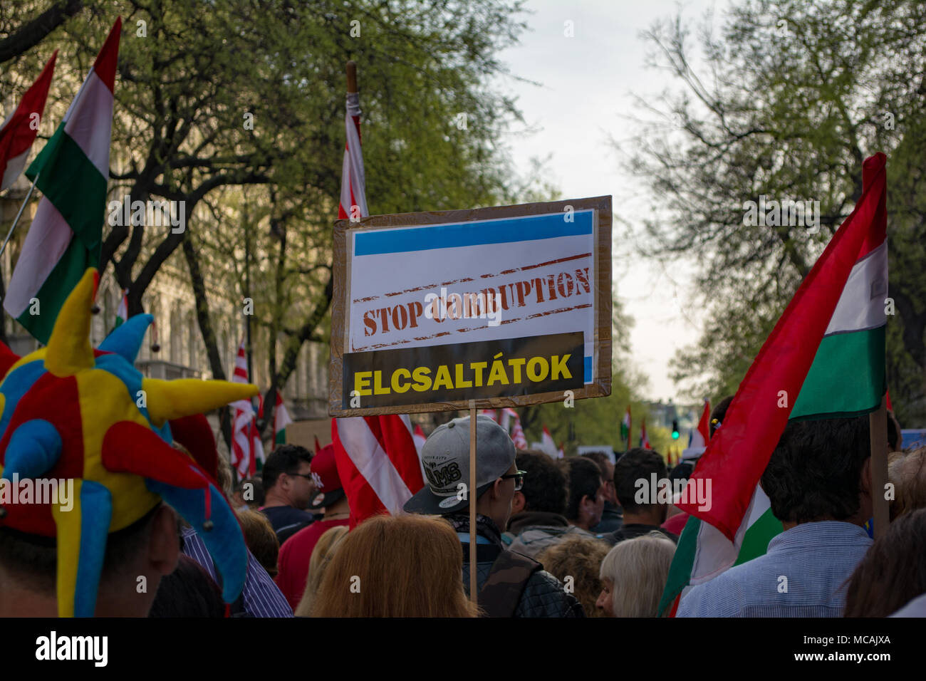 BUDAPEST, HUNGARY - APRIL 14, 2018: Political protest demonstration ...