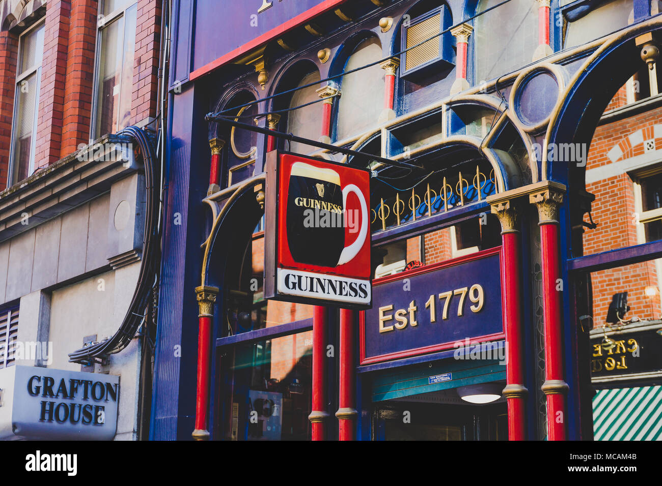 DUBLIN, IRELAND - April 14th, 2018: traditional Irish pubs along the ...