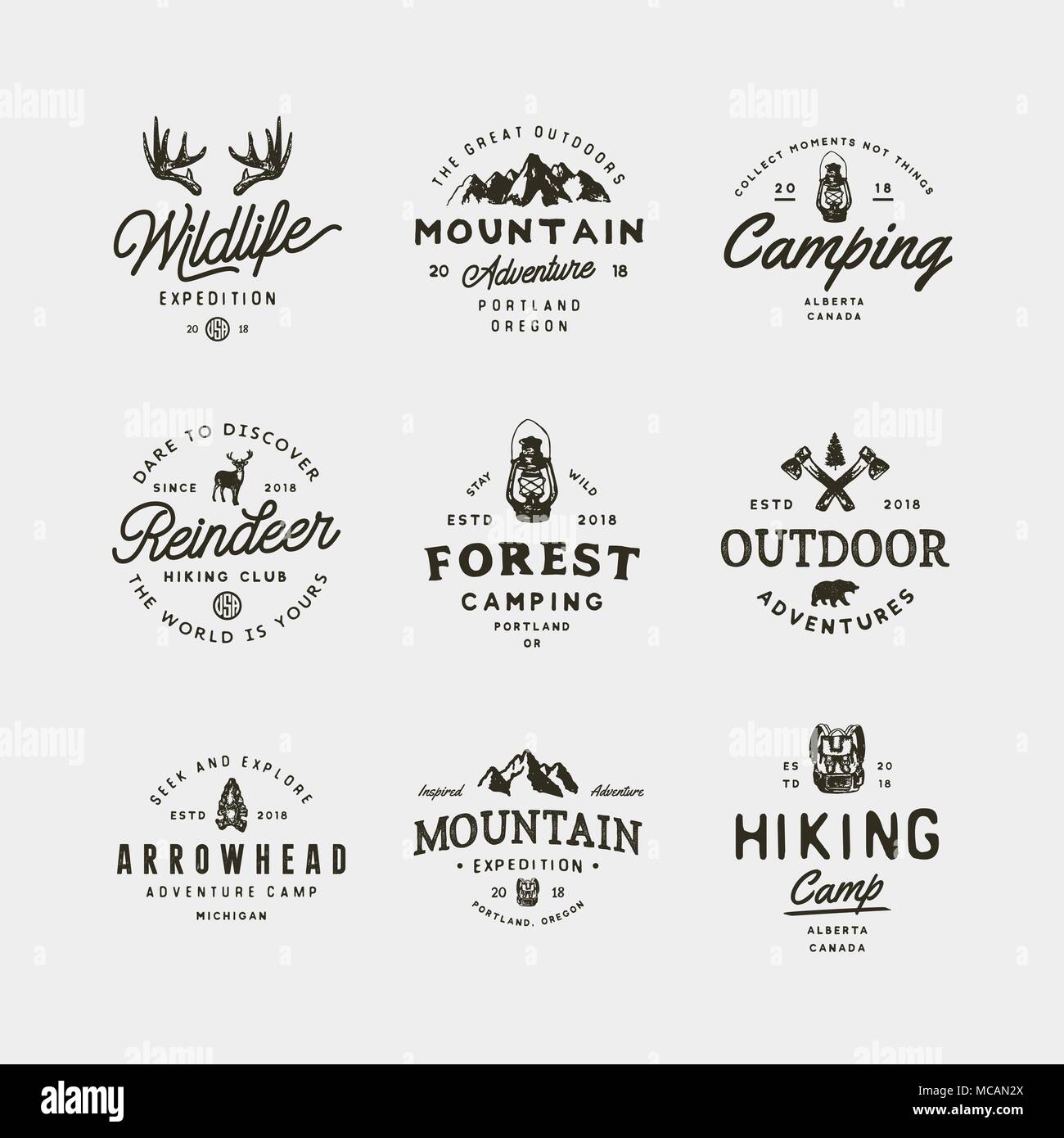 set of vintage wilderness logos. hand drawn retro styled outdoor ...