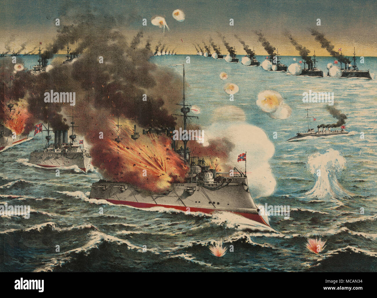 a Russian battleship exploding under bombardment from Japanese ...